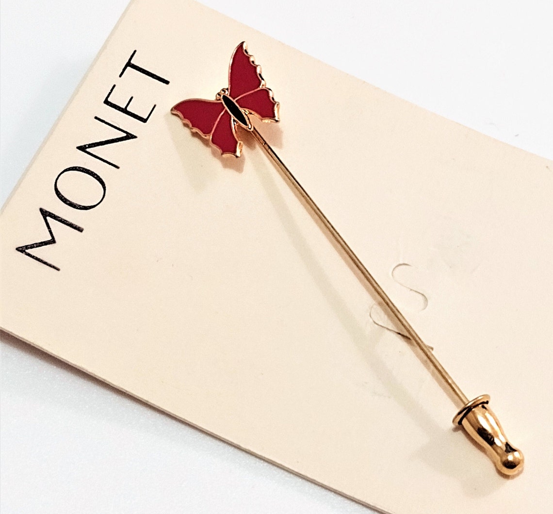 Monet Butterfly Stick Pin Brooch Gold Tone Vintage Red Black - Etsy