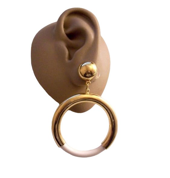 White Jumbo Hoops Pierced Post Stud Earrings Gold Tone Vintage Extra ...