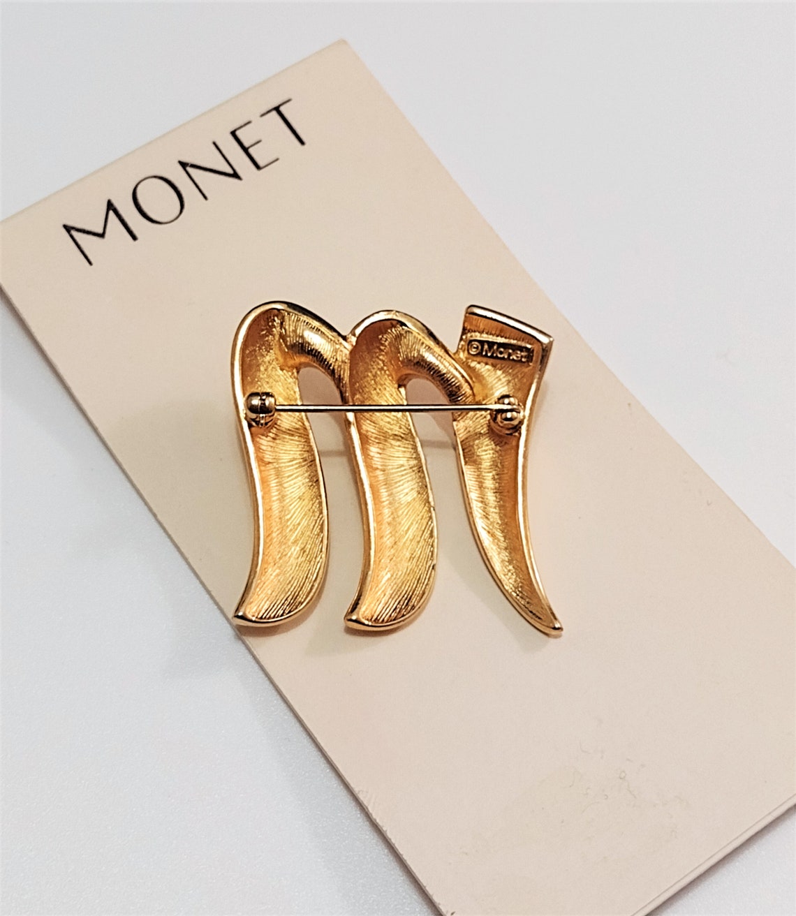 Monet Big M Pin Brooch Gold Tone Vintage Swirl Script Dome - Etsy