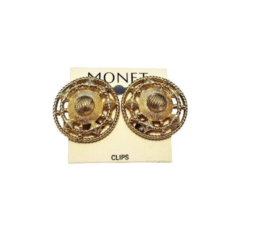 Monet Sea Shell Florentine Runway Clip on Earrings Gold Tone Vintage ...