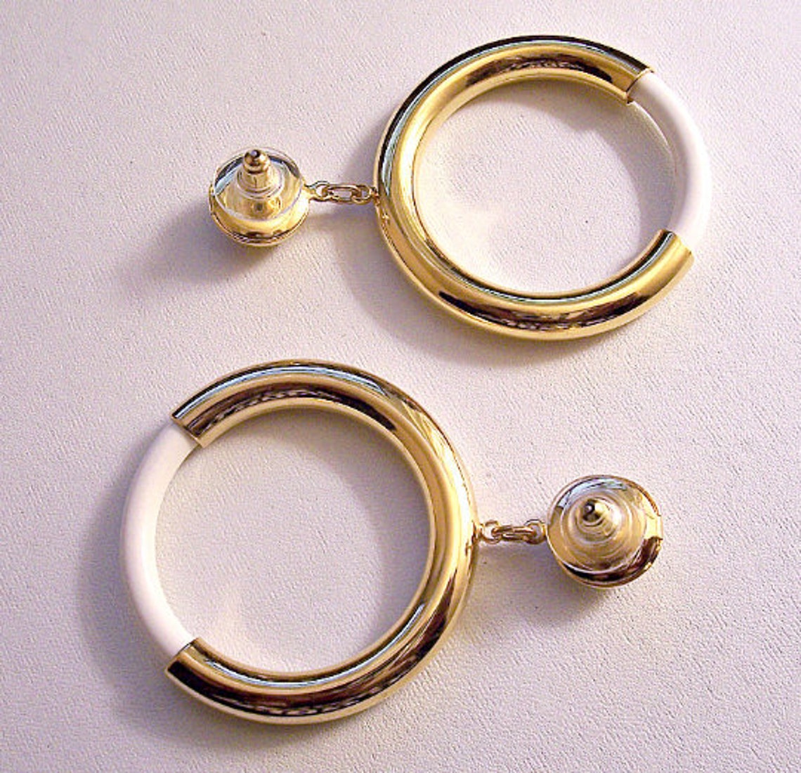 White Jumbo Hoops Pierced Post Stud Earrings Gold Tone Vintage - Etsy