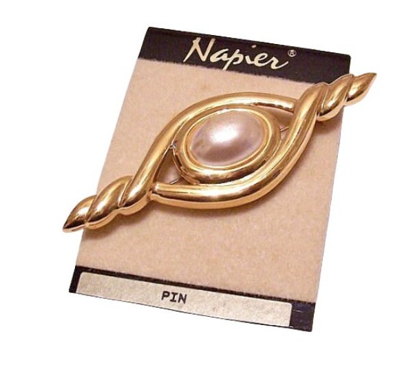 Napier White Pearl Pin Brooch Gold Tone Vintage Extra Long Twisted Ends ...
