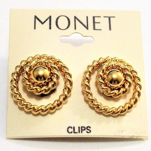 Monet Lasso Rope Loop Rings Clip on Earrings Gold Tone Vintage Twisted Open Layeres Round Smooth ...