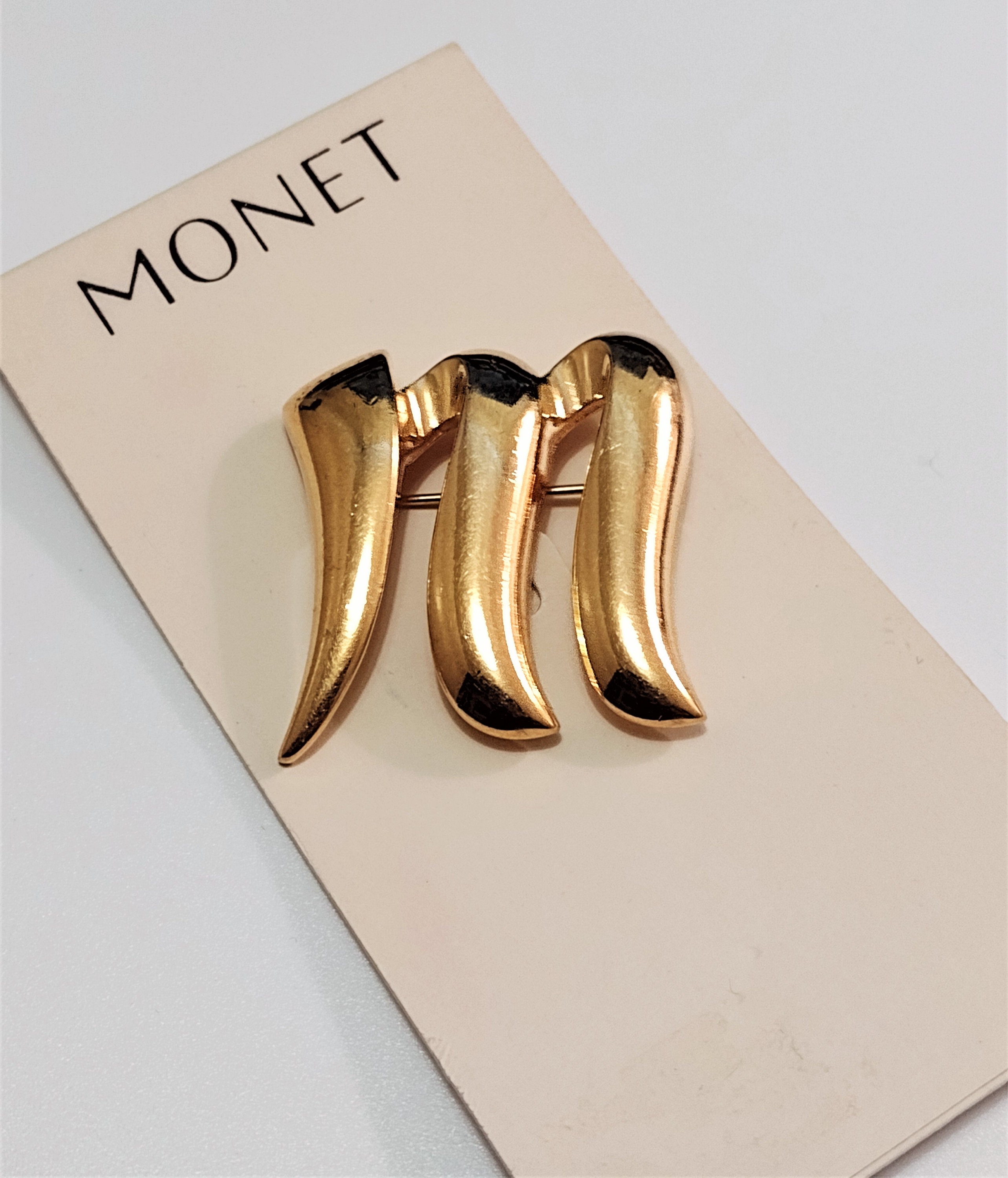 Monet Big M Pin Brooch Gold Tone Vintage Swirl Script Dome - Etsy