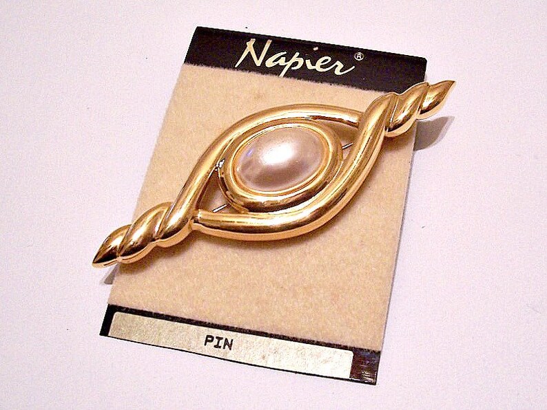 Napier White Pearl Pin Brooch Gold Tone Vintage Extra Long - Etsy