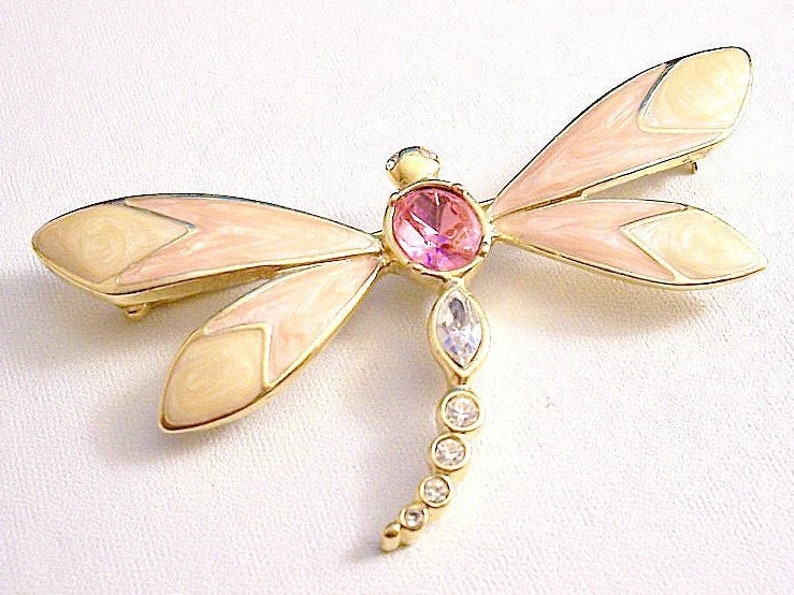 Avon Pink Crystal Dragonfly Bug KJL Pin Brooch Gold Vintage - Etsy