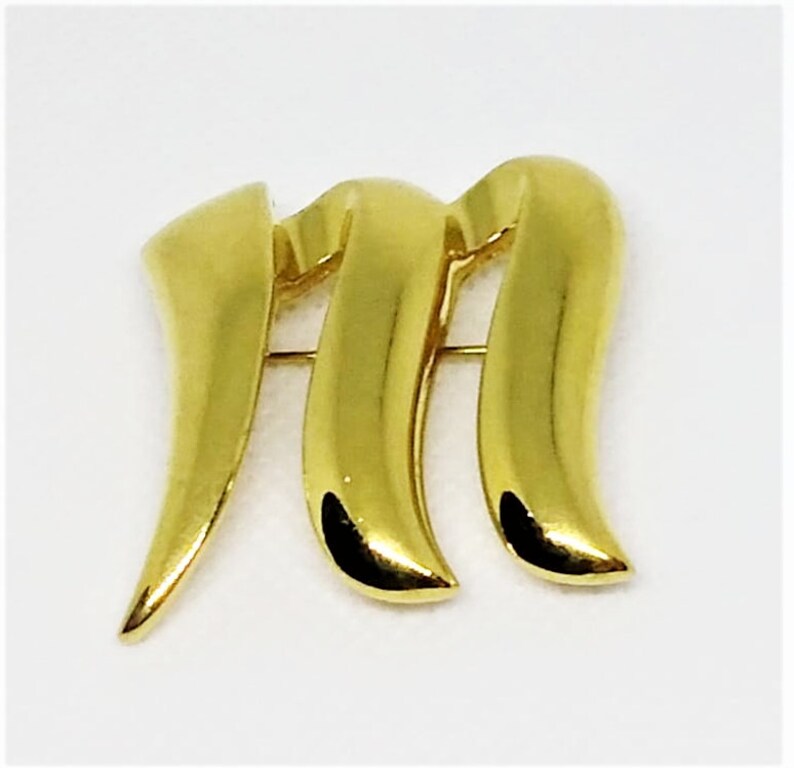 Monet Big M Pin Brooch Gold Tone Vintage Swirl Script Dome | Etsy