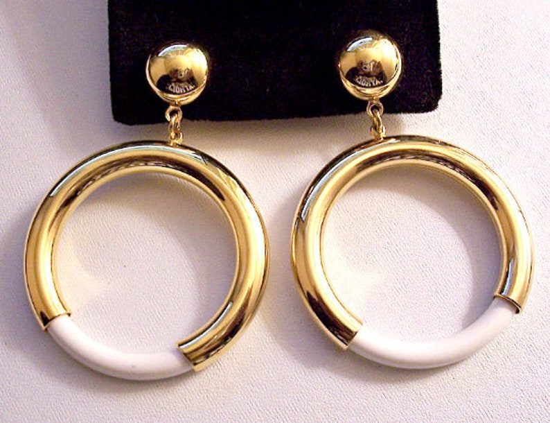 White Jumbo Hoops Pierced Post Stud Earrings Gold Tone Vintage - Etsy