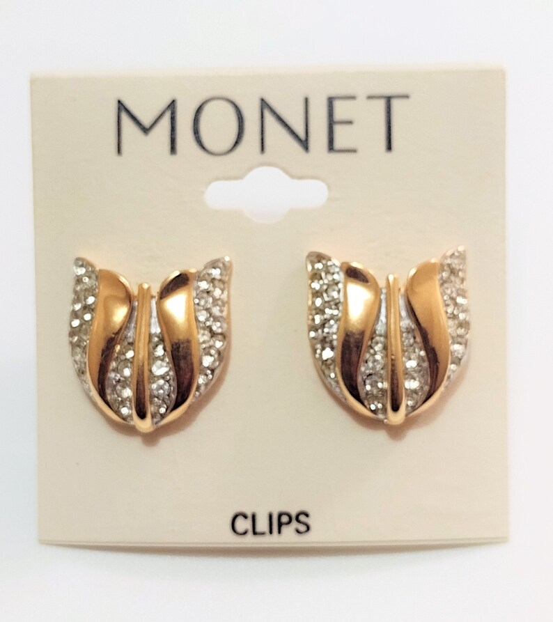 Monet Crystal Flower Discs Clip on Earrings Gold Tone Vintage Swirl Smooth Graduated Accent ...