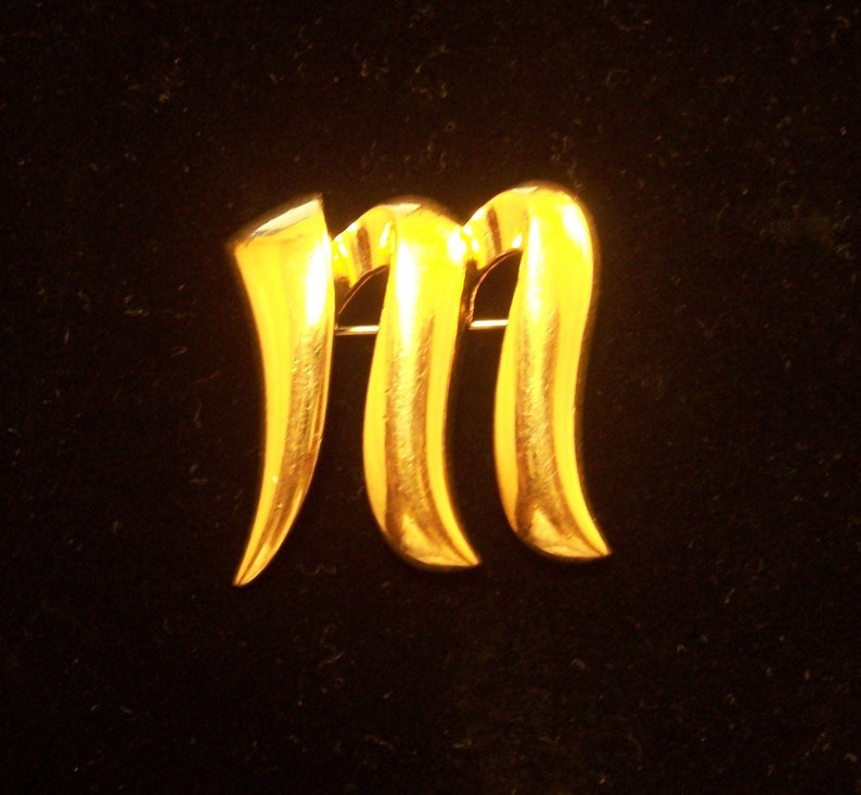 Monet Big M Pin Brooch Gold Tone Vintage Swirl Script Dome | Etsy