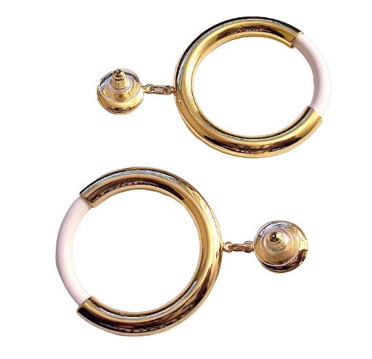 White Jumbo Hoops Pierced Post Stud Earrings Gold Tone Vintage Extra ...