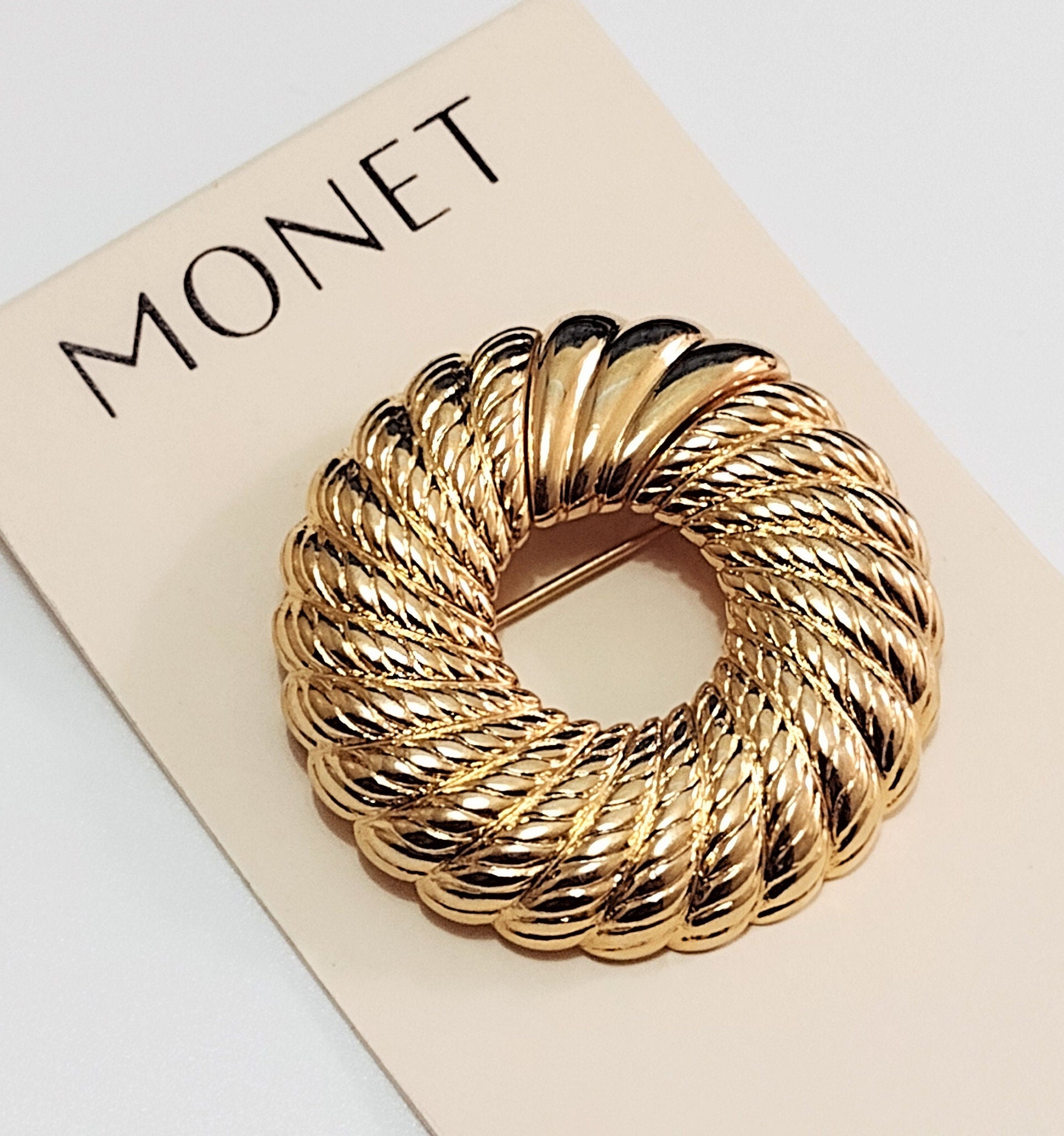 Monet Spinning Wheel Pin Brooch Gold Tone Vintage Large Swirl Lined ...