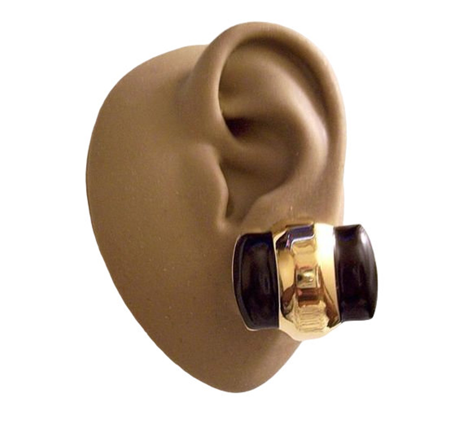 Monet Black Triple Row Buttons Clip on Earrings Gold Tone Vintage Large Square Domed Center ...