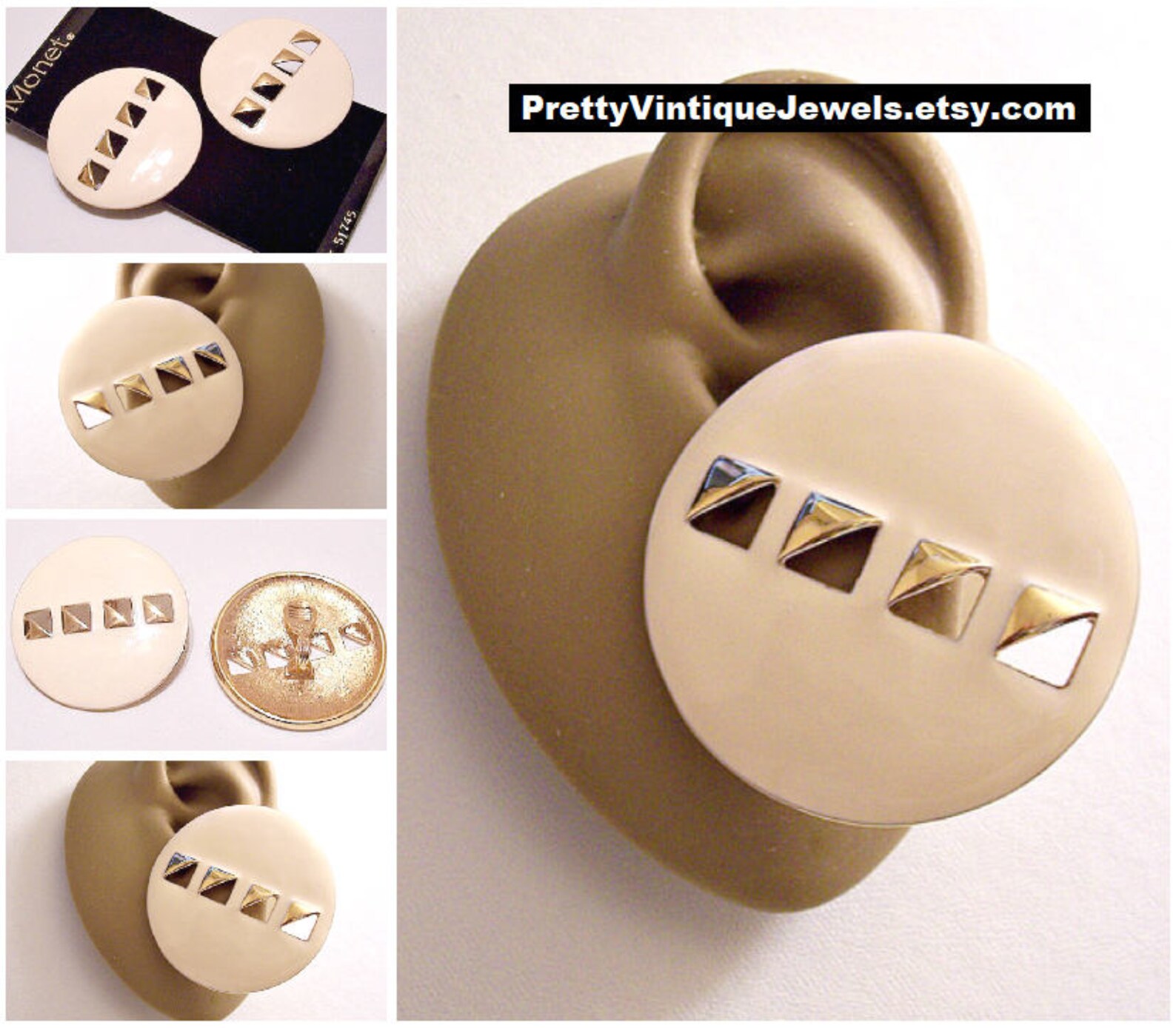 Monet Beige Slotted Big Buttons Clip on Earrings Gold Tone | Etsy