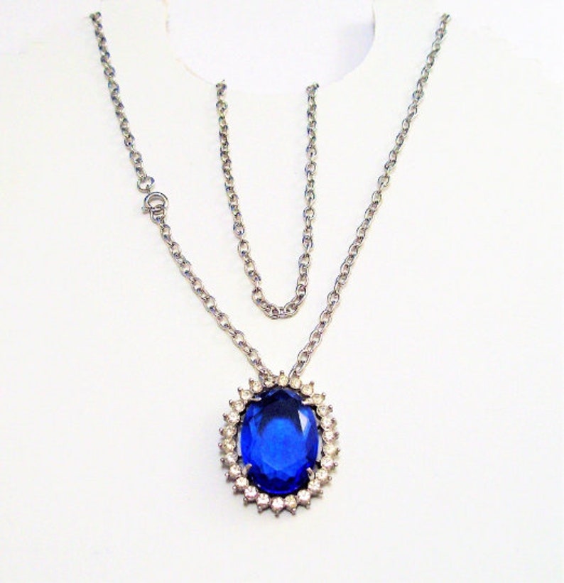Avon Blue Glass Necklace Silver Tone Vintage Large Rhinestone - Etsy