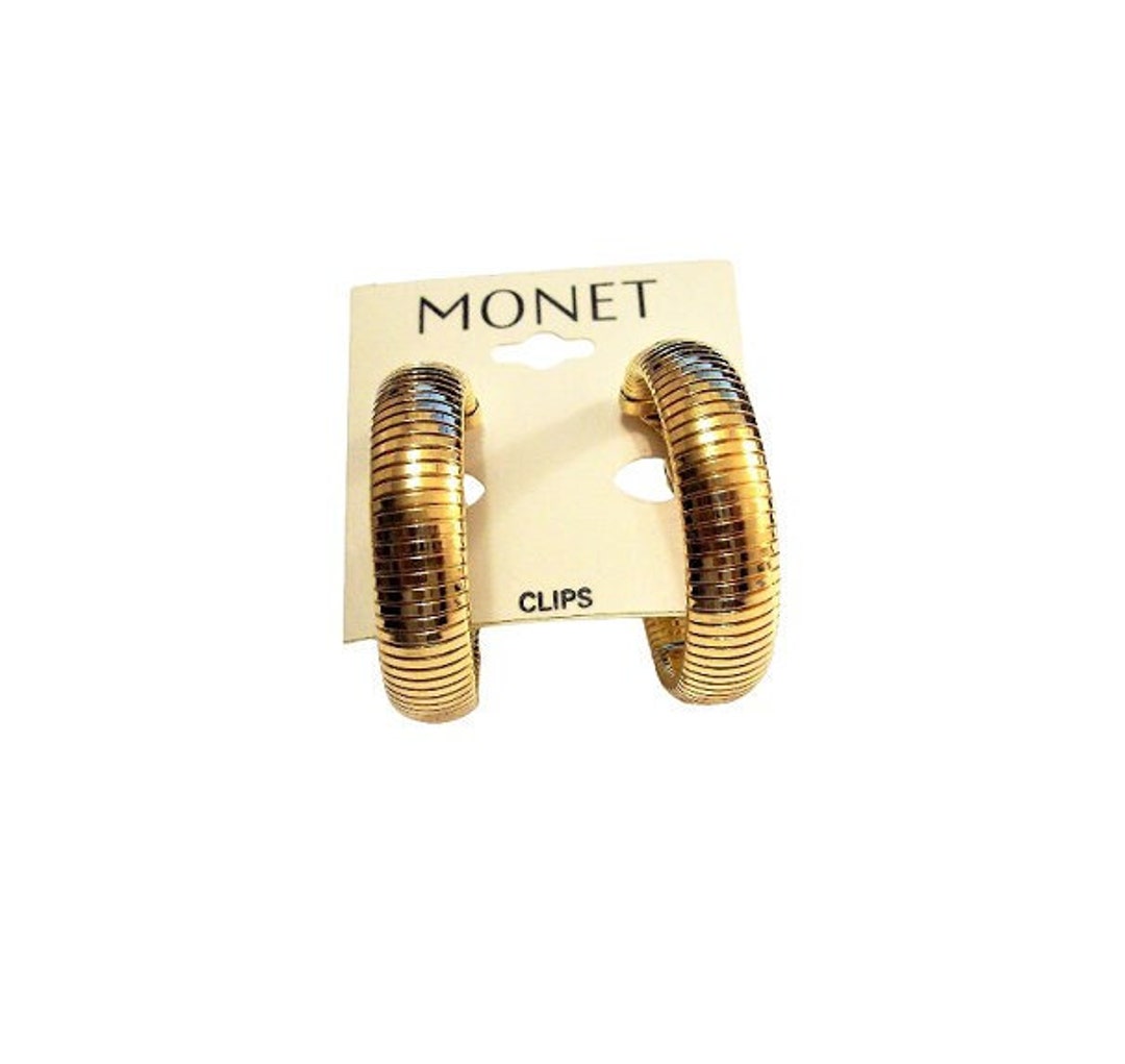 Monet Omega Ribbed Hoops Clip on Earrings Gold Tone Vintage Extra Large ...