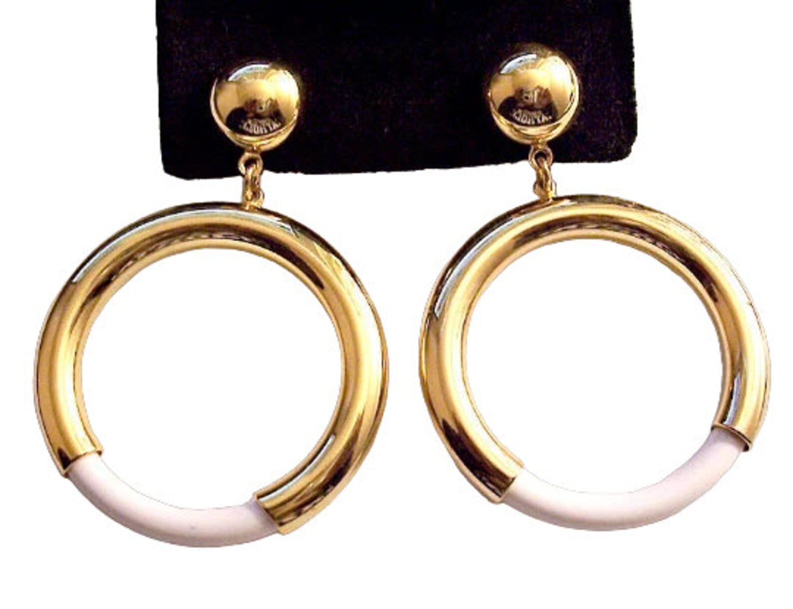White Jumbo Hoops Pierced Post Stud Earrings Gold Tone Vintage Extra ...