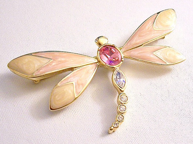 Avon Pink Crystal Dragonfly Bug KJL Pin Brooch Gold Vintage - Etsy