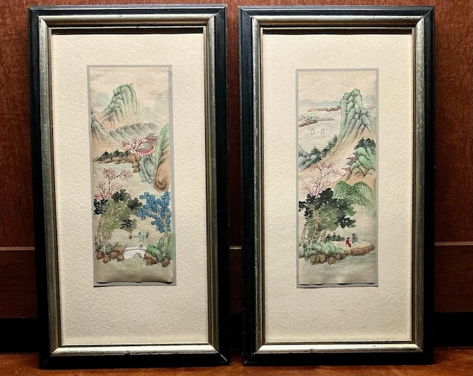 Vintage Chinese Ink on Silk Landscape Paintings Pair Fleck Bros Framed ...