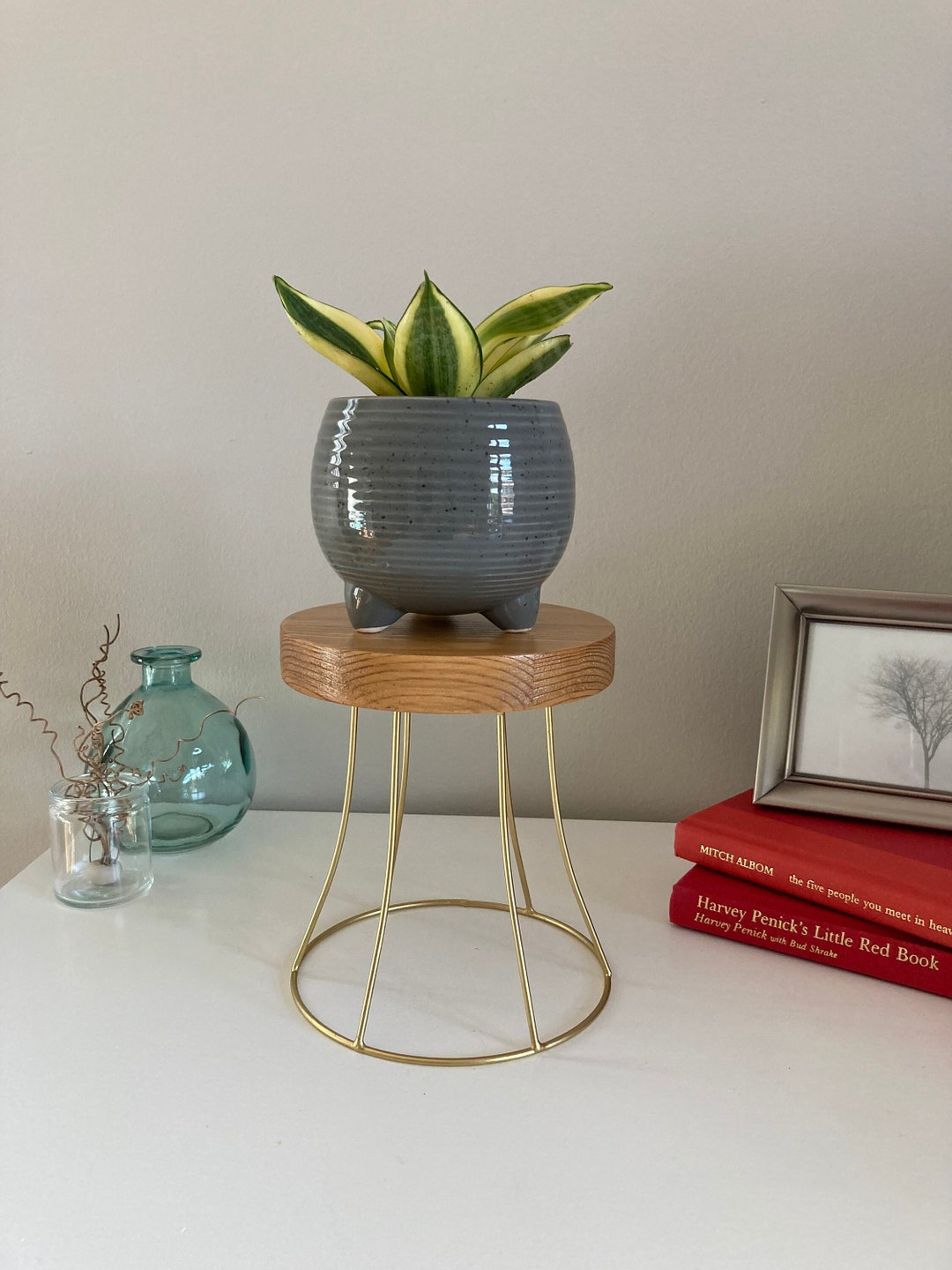 Plant Stand With Metallic Gold Metal Base and Solid Pine Wood Top ...