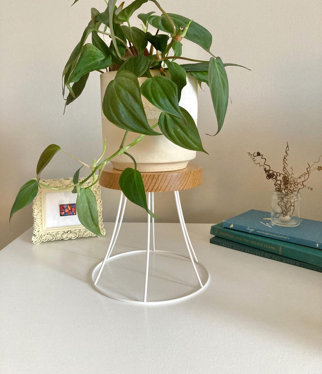 Plant Stand With Glossy White Metal Base and Solid Pine Wood Top, Table ...