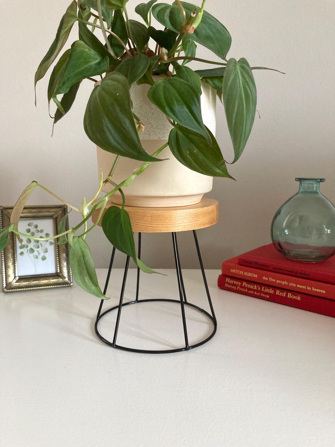 Plant Stand With Glossy Black Metal Base and Solid Pine Wood Top, Table ...