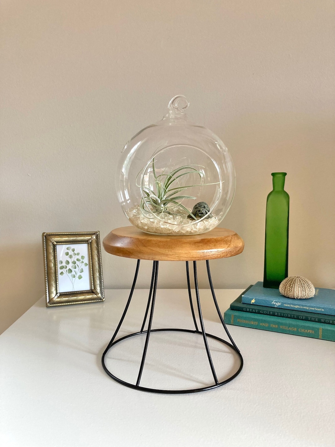 Plant Stand With Glossy Black Metal Base and Solid White Pine Wood Top ...