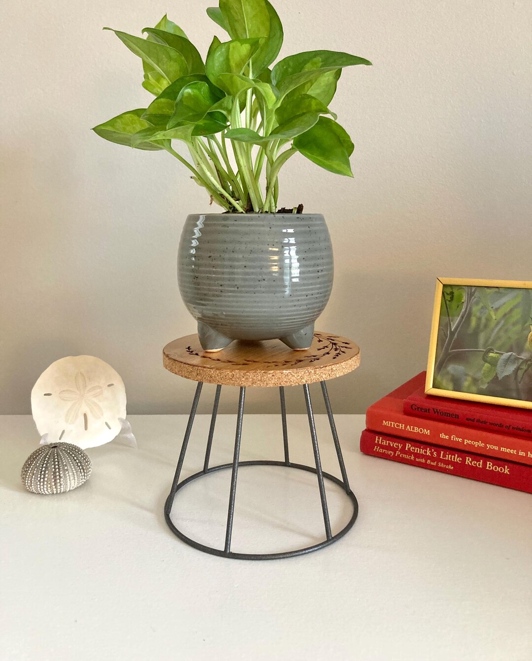 Laser Engraved Plant Stand, Upcycled Metallic Dark Gray Metal Base With ...