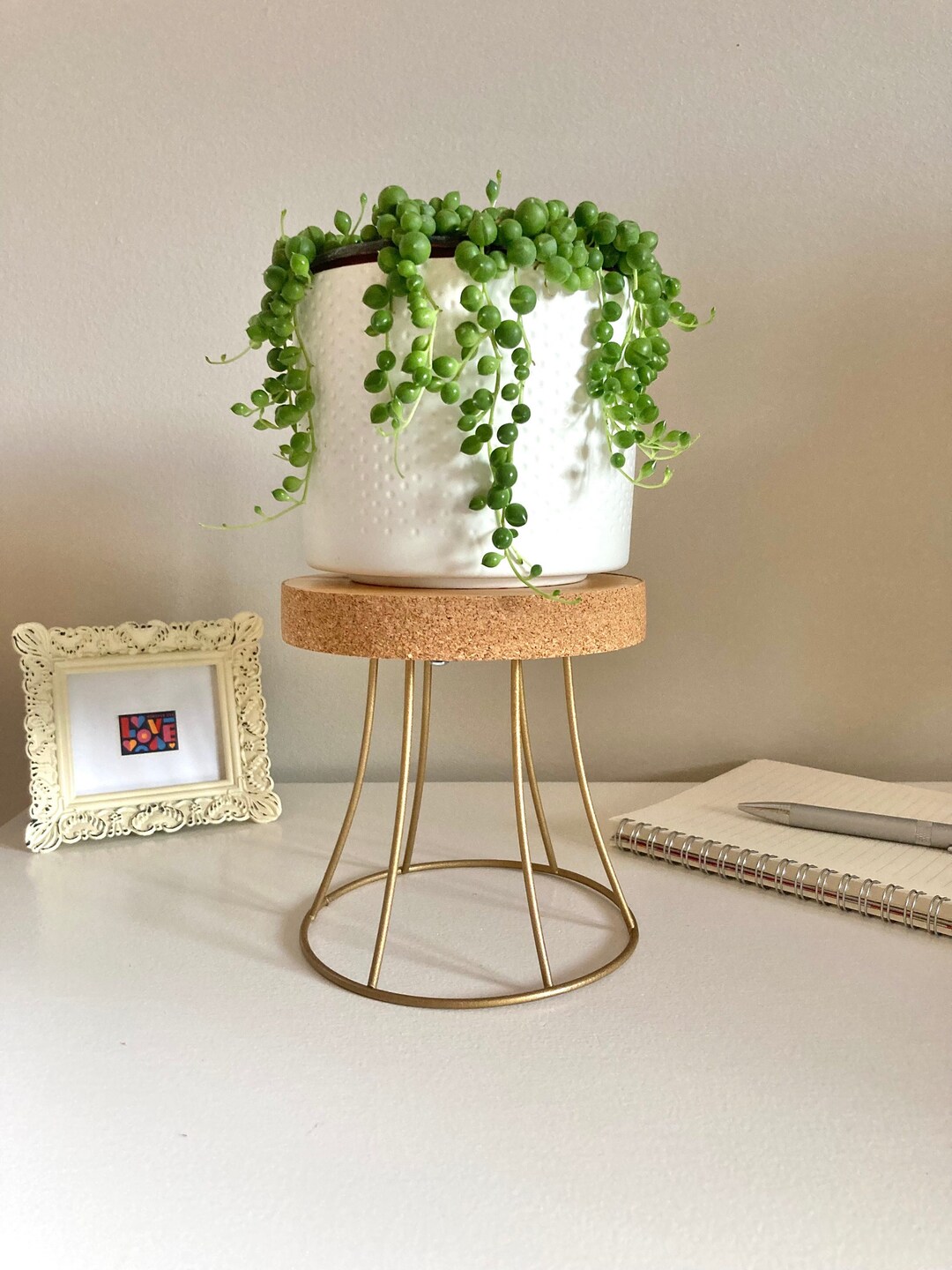 Plant Stand With Metallic Gold Metal Base and Solid Pine Wood Top ...