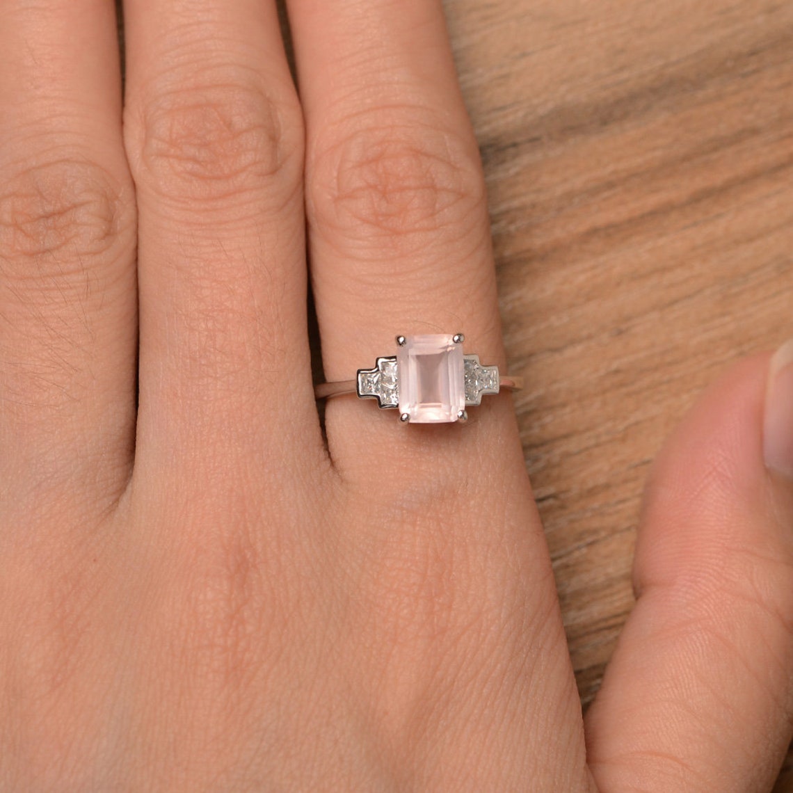 Natural Pink Quartz Ring Emerald Cut Pink Gemstone Sterling | Etsy