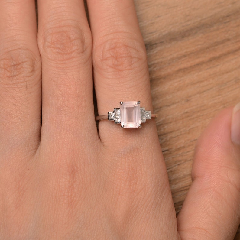 Natural pink quartz ring emerald cut pink gemstone sterling | Etsy