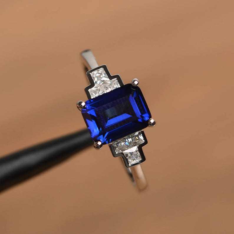 Rectangle Sapphire Anniversary Ring Emerald Cut September - Etsy