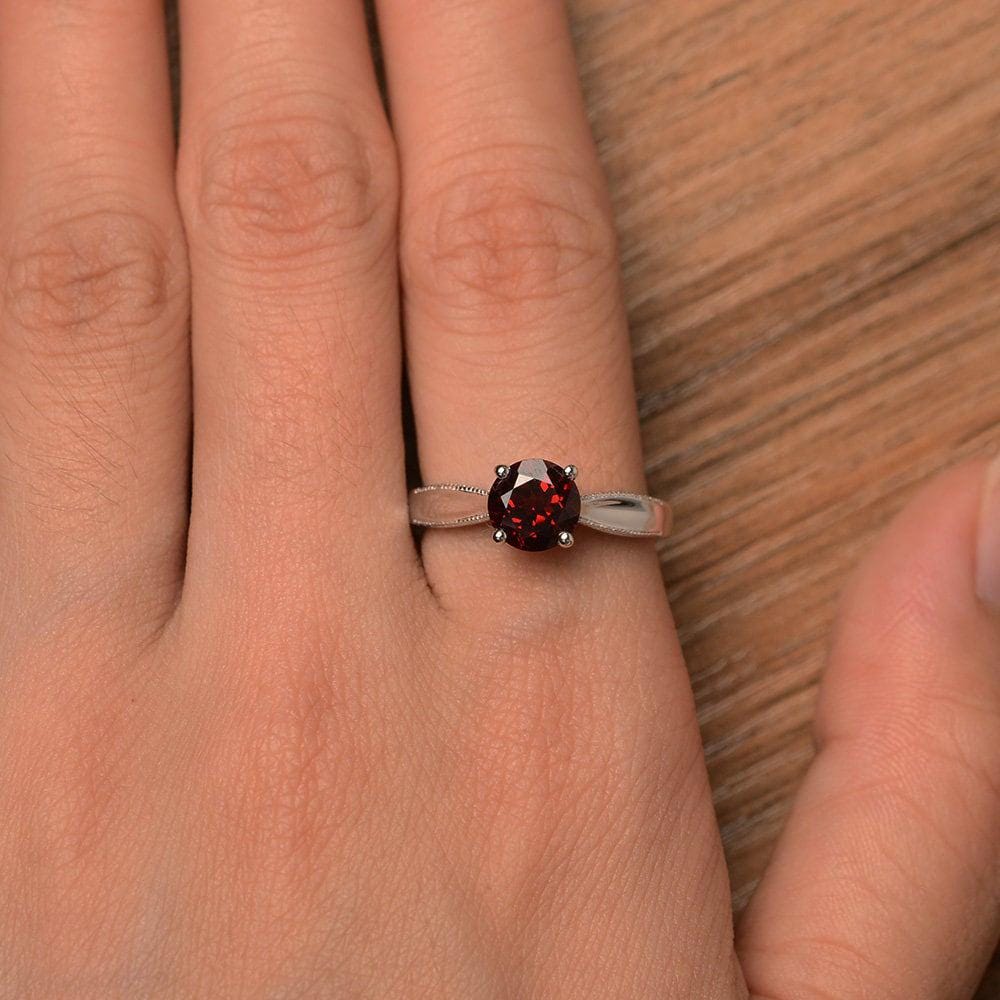 Garnet Ring Silver Round Cut Solitaire Engagement Ring for Women ...