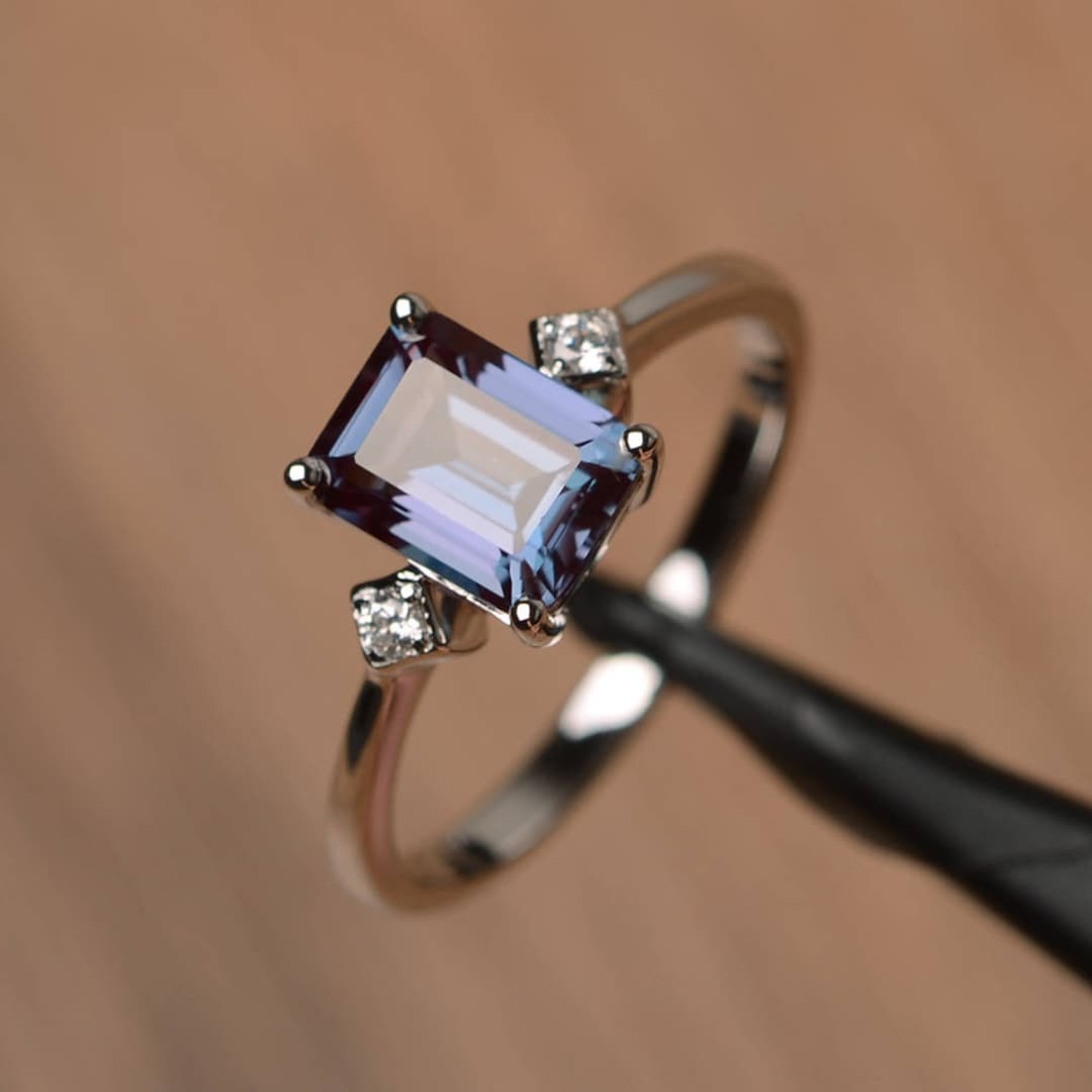 Emerald Cut Alexandrite Promise Ring Rectangle Color Changing Gemstone ...