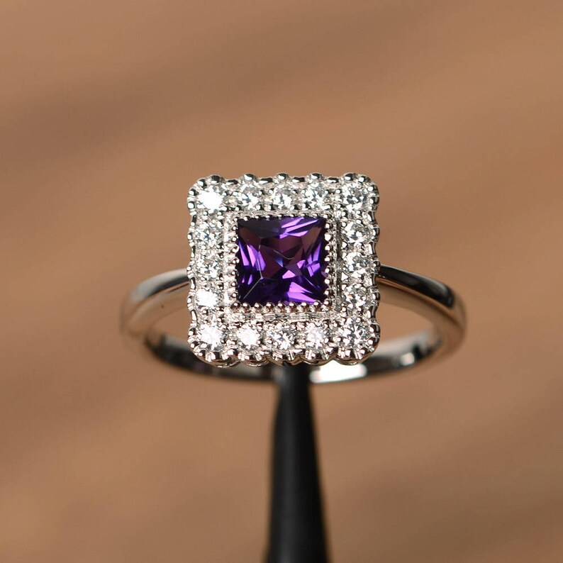 Natural Amethyst Engagement Rings Princess Cut Gemstone Rings - Etsy