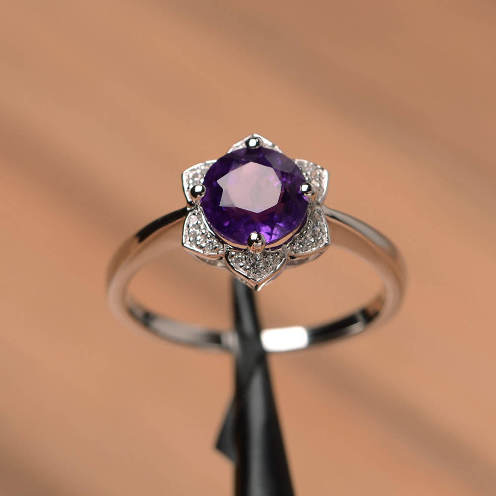 Natural Amethyst Ring Sterling Silver Round Cut Halo - Etsy