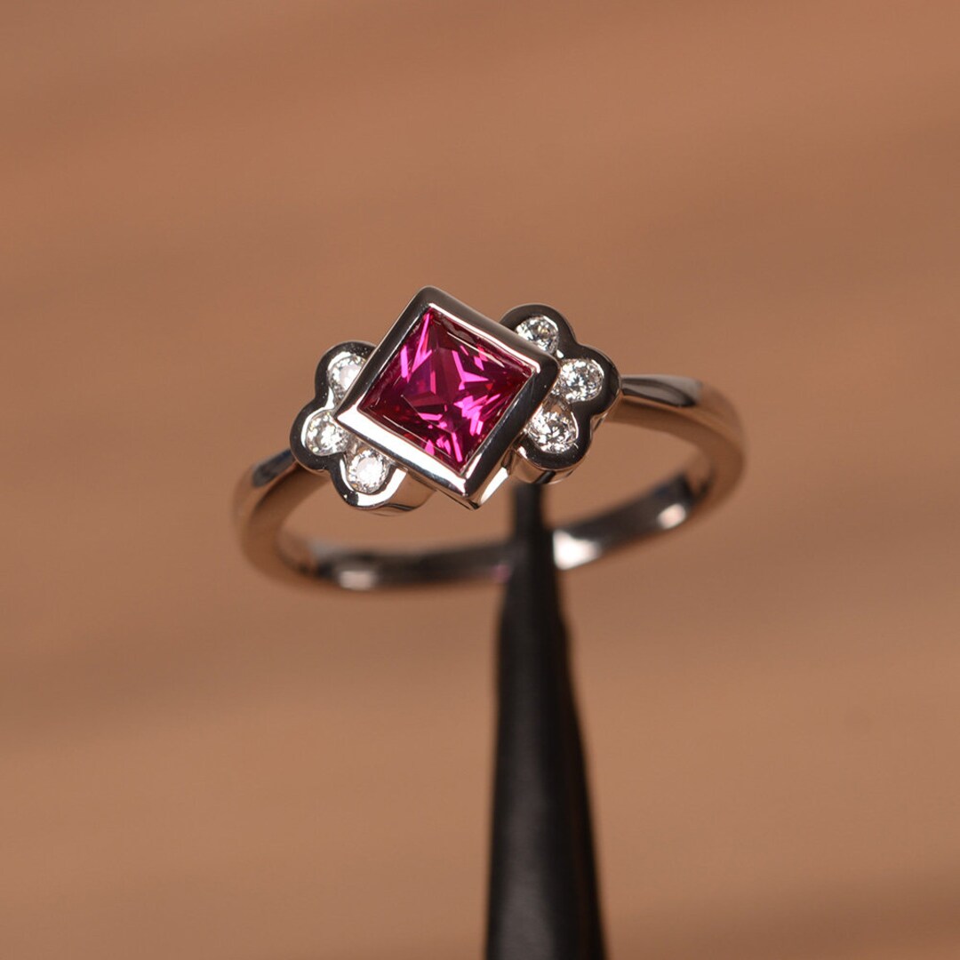 Princess Cut Ruby Anniversary Ring Sterling Silver July Birthstone Ring ...