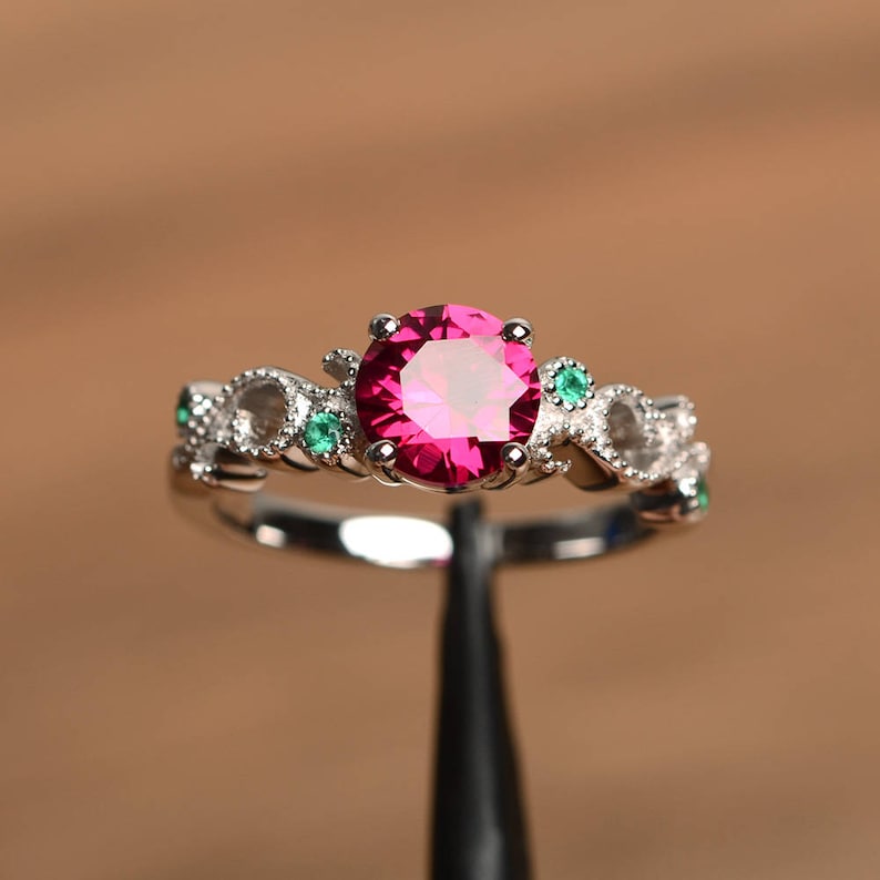 Lab Ruby Ring Round Cut Red Gemstone July Birthstone Ring - Etsy