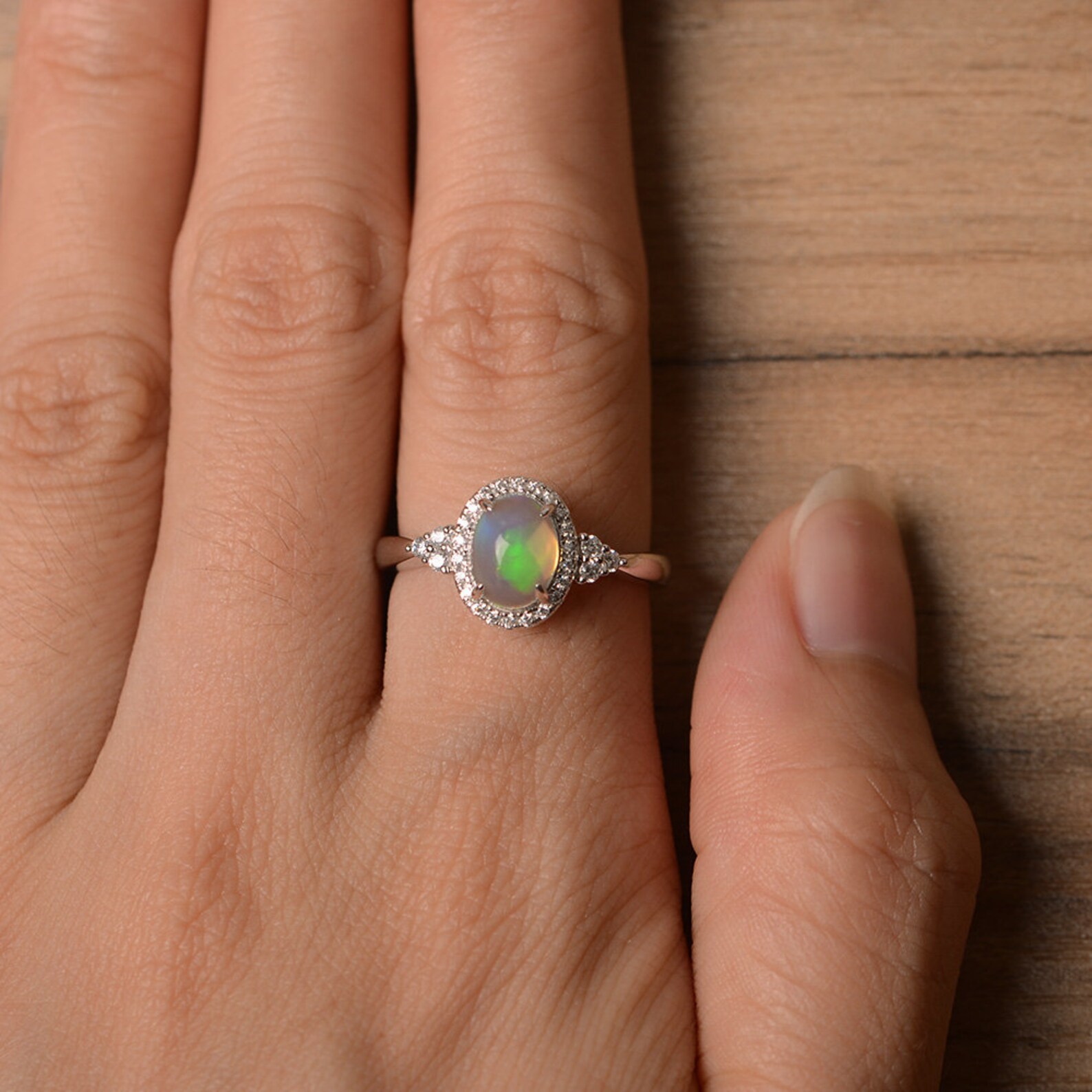 Natural Opal Ring Silver Halo Ring Oval Cut White Opal Engagement Ring ...