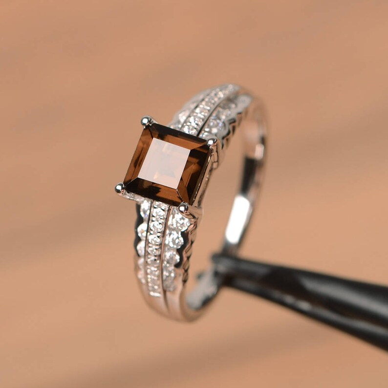 Natural Smoky Quartz Ring Engagement Ring Square Cut Gems - Etsy