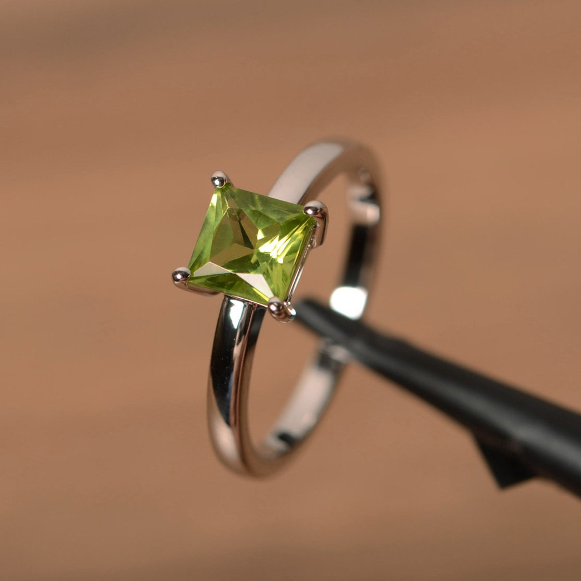 Green peridot ring princess cut gemstone ring August | Etsy