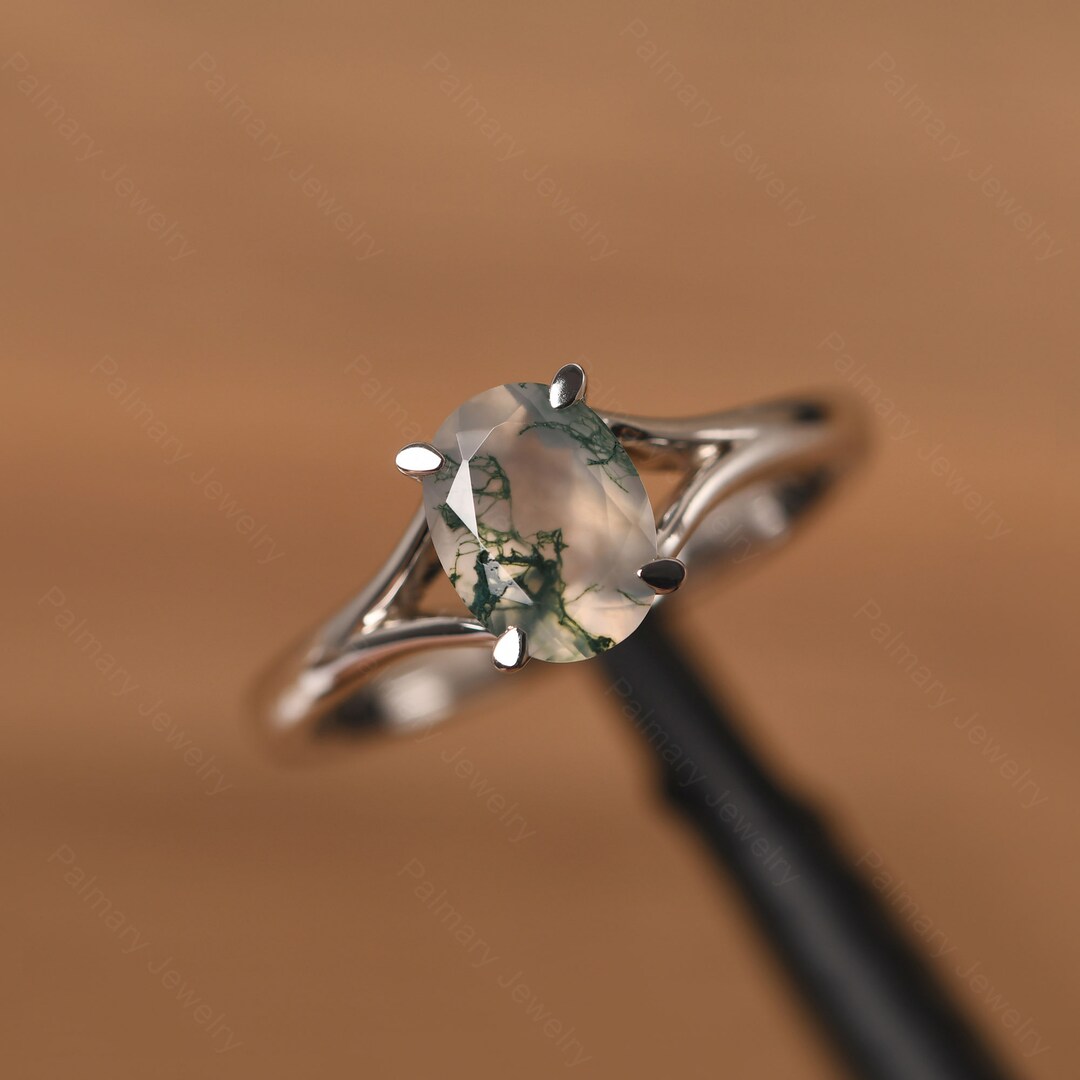 Minimalist Moss Agate Ring Sterling Silver Oval Cut 8x6 Mm Wedding Ring ...