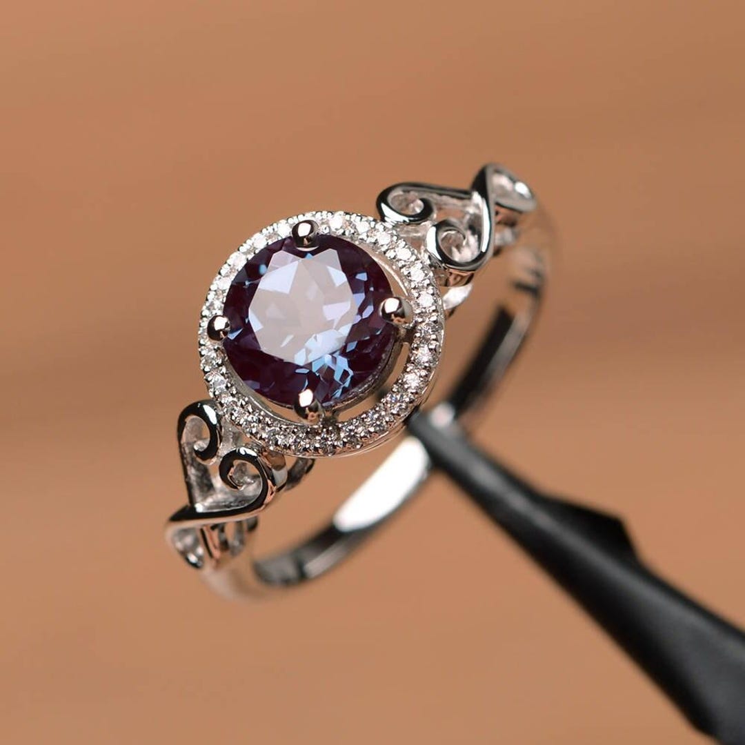Alexandrite Ring Engagement Ring Round Cut Ring Silver Ring June ...