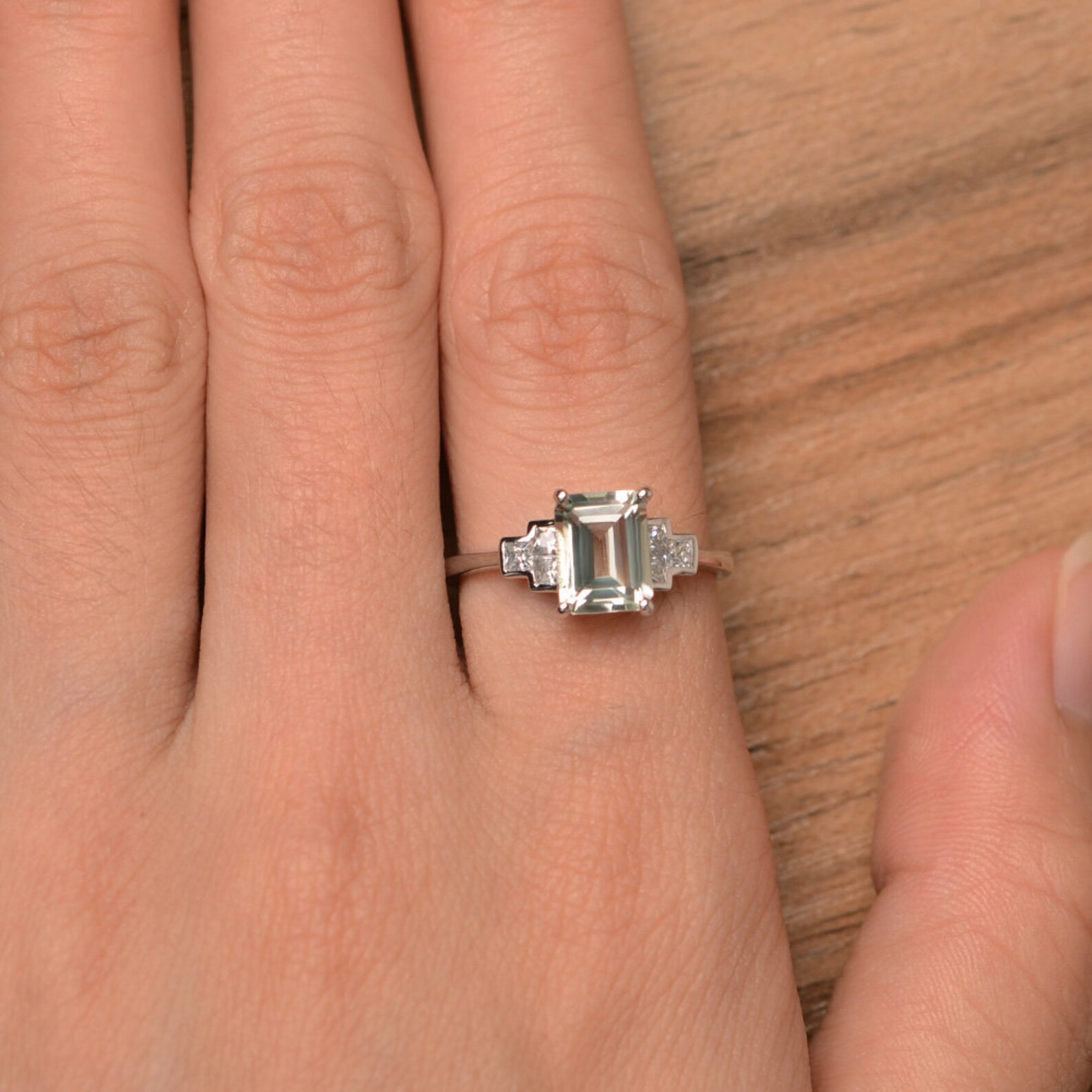 Green Amethyst Engagement Ring Emerald Cut Sterling Silver | Etsy