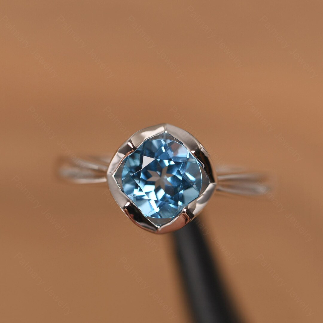 Bezel Set Swiss Blue Topaz Ring Round Shaped 1.68 Carat Solitaire ...