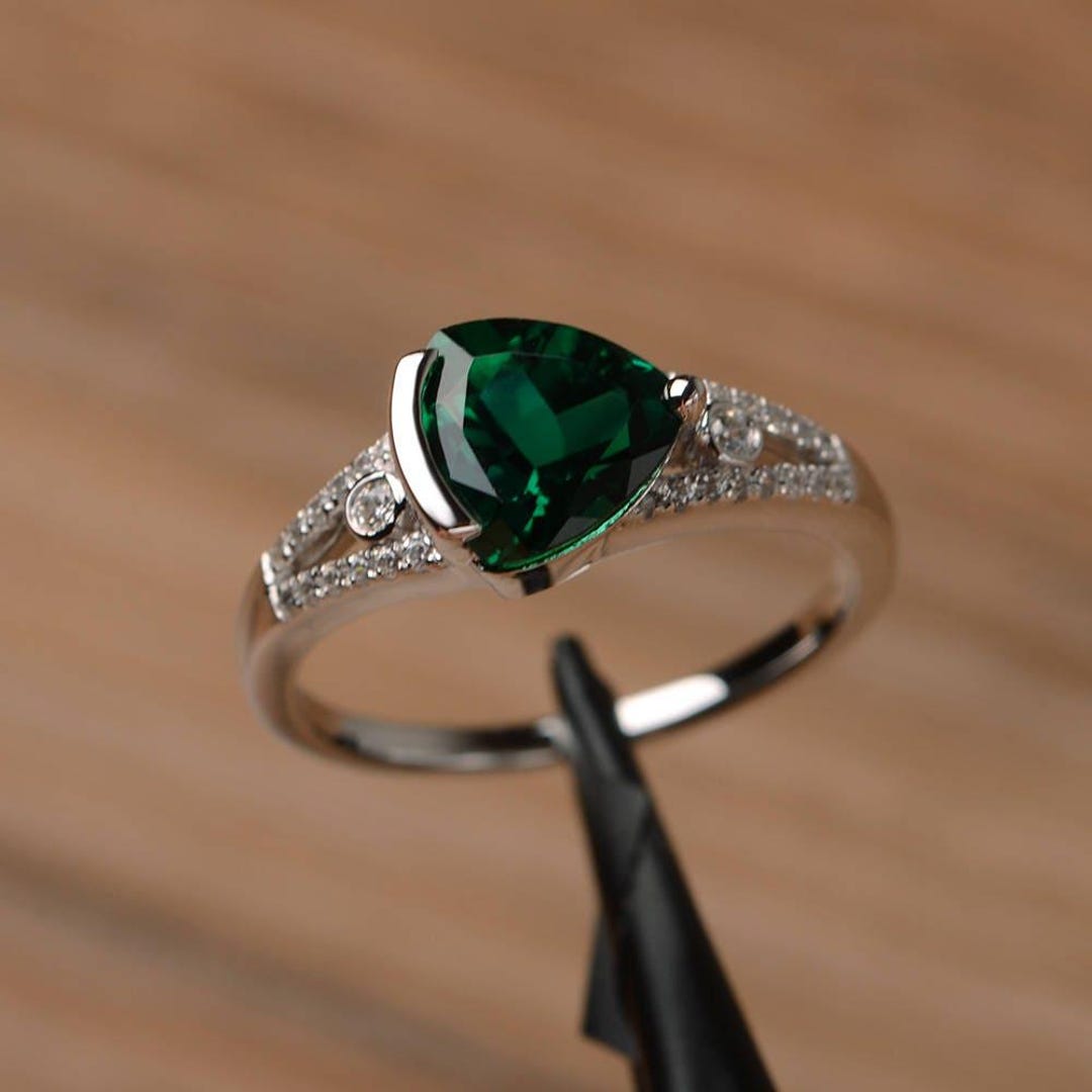 Lab Emerald Ring Triangle Cut Sterling Silver Engagement Ring Green ...