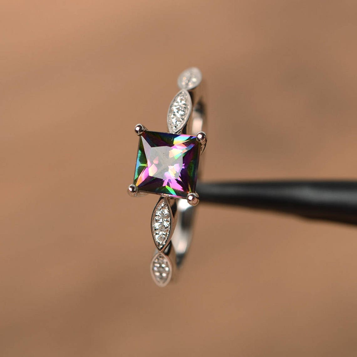 Unique wedding rings princess cut mystic topaz rings rainbow | Etsy