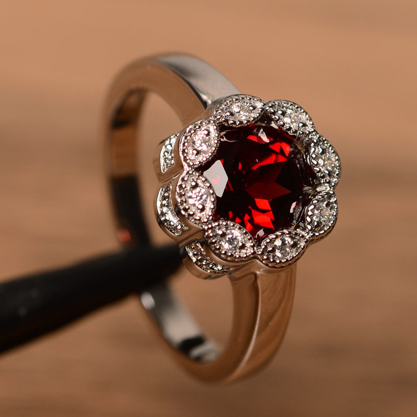 Natural Garnet Ring Sterling Silver Engagement Ring Round Cut - Etsy