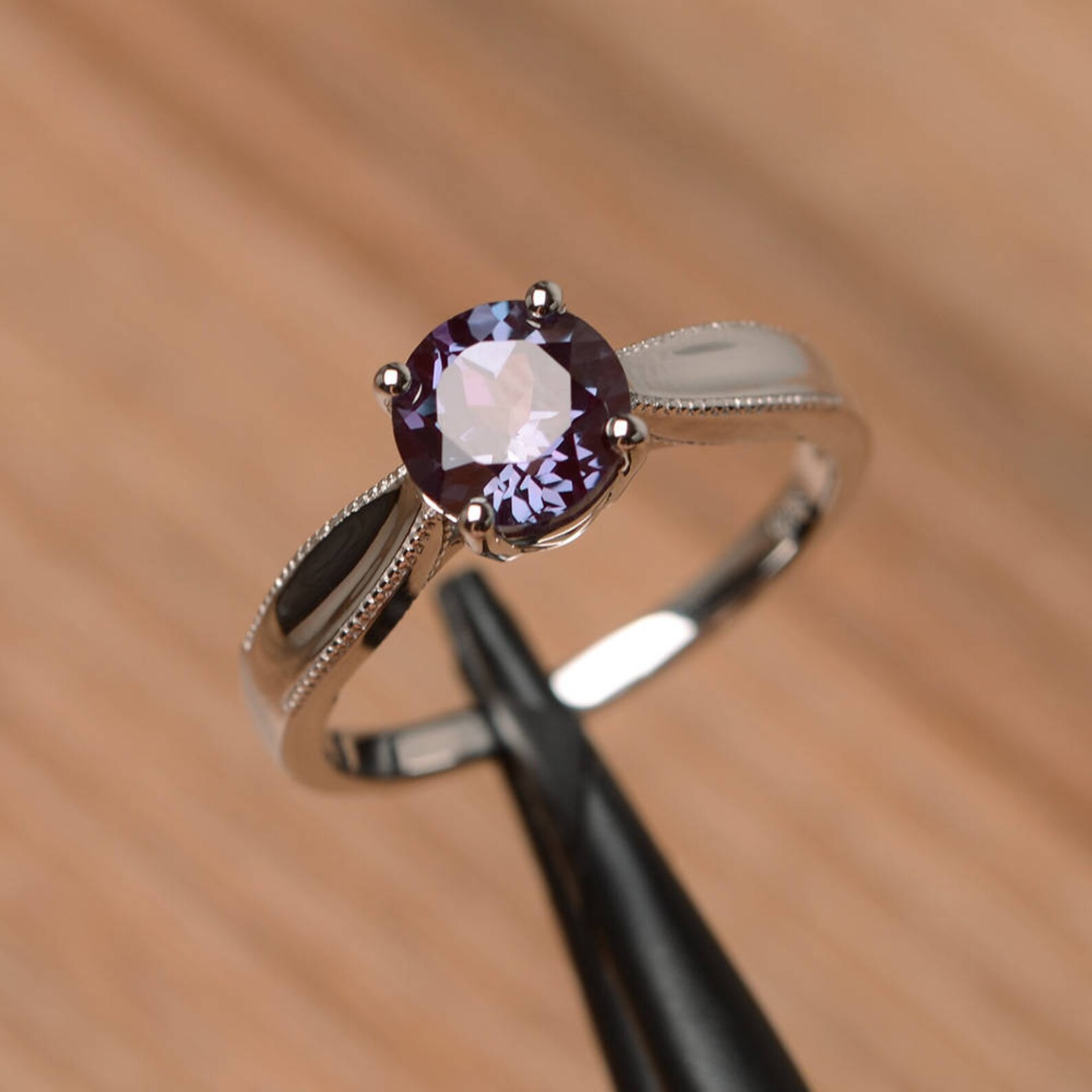 Solitaire Alexandrite Ring Sterling Silver Round Cut - Etsy