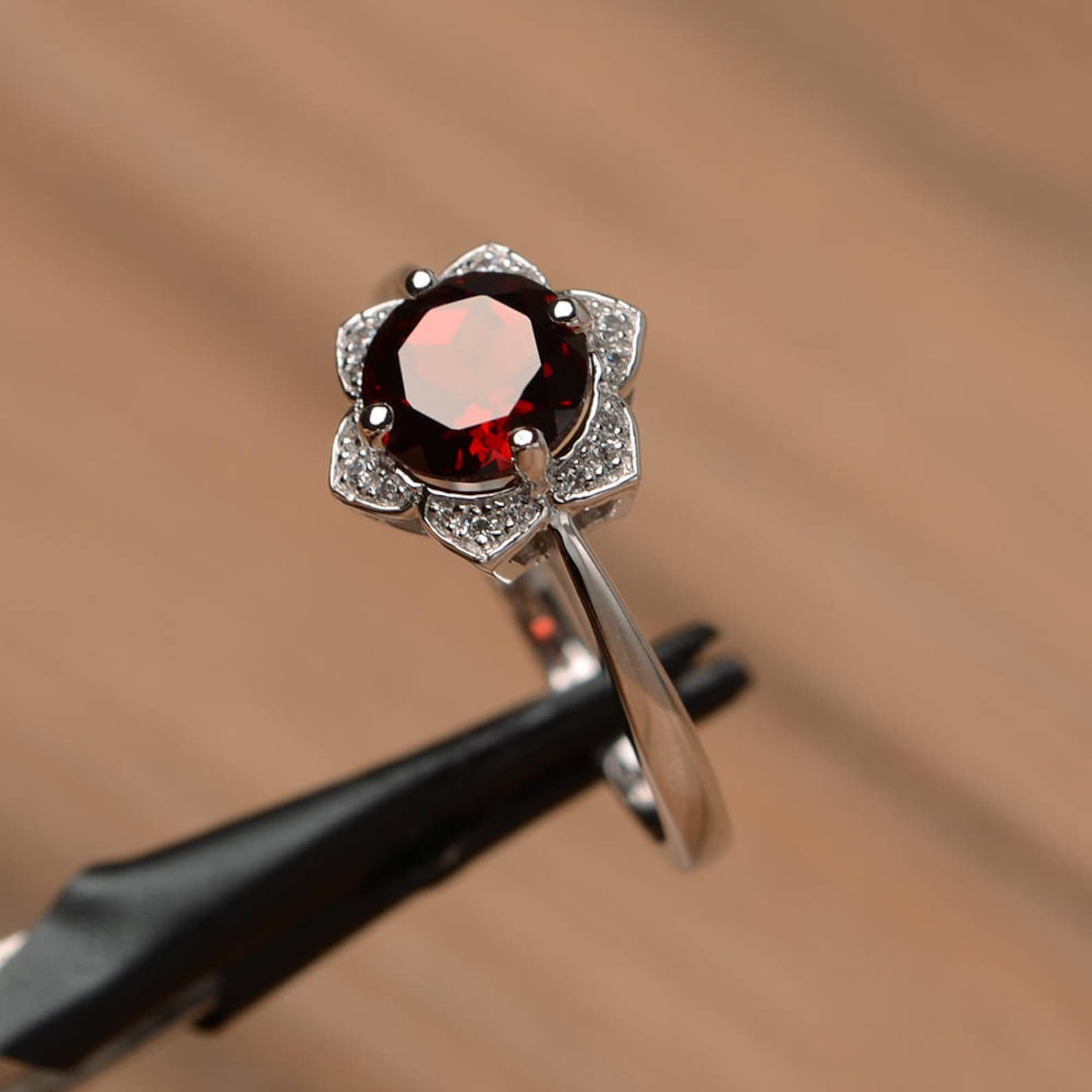 Garnet Floral Wedding Ring Round Cut Sterling Silver January - Etsy